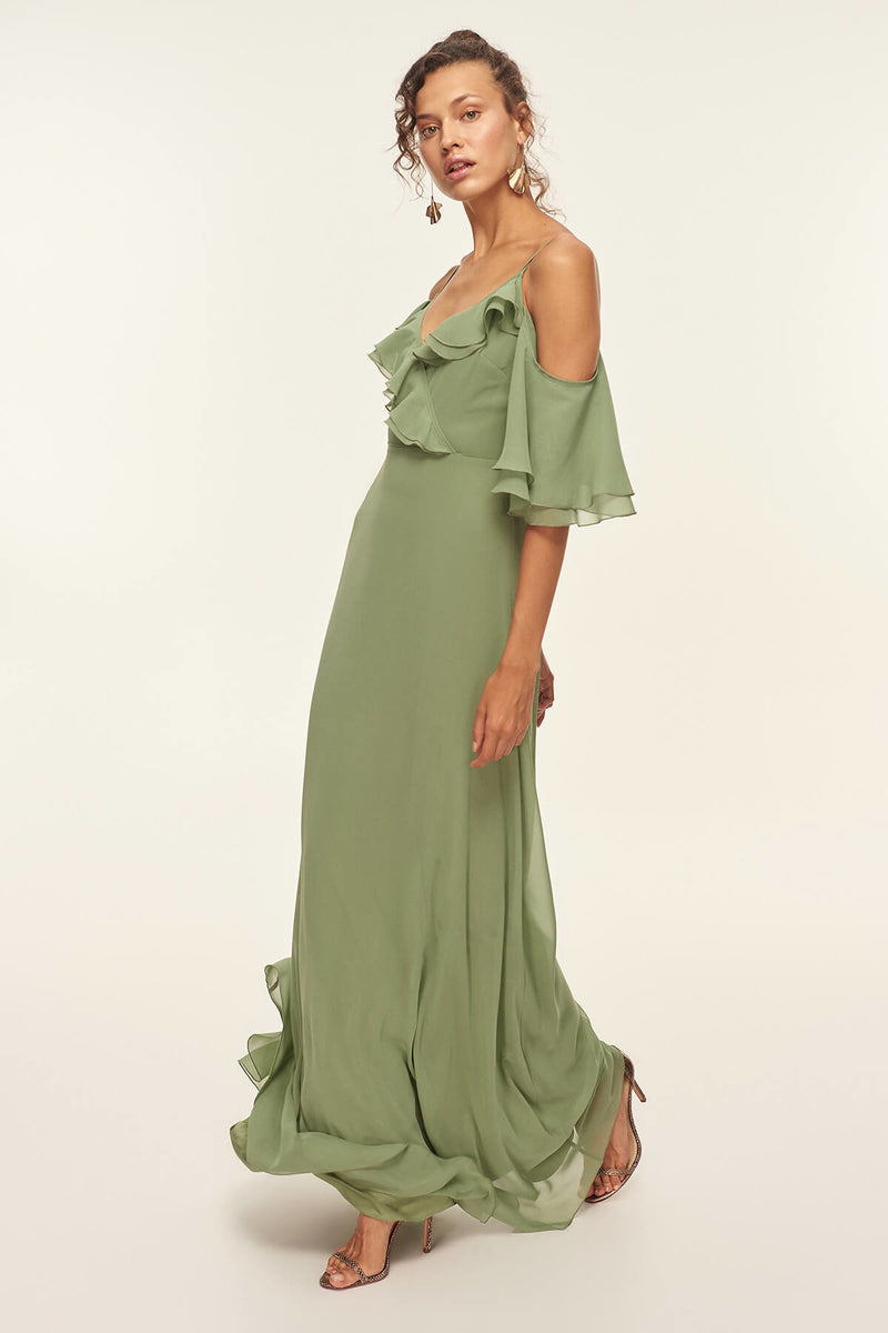247606b Green Off-Shoulder Ruffle Dress - Poised Fashion | Women